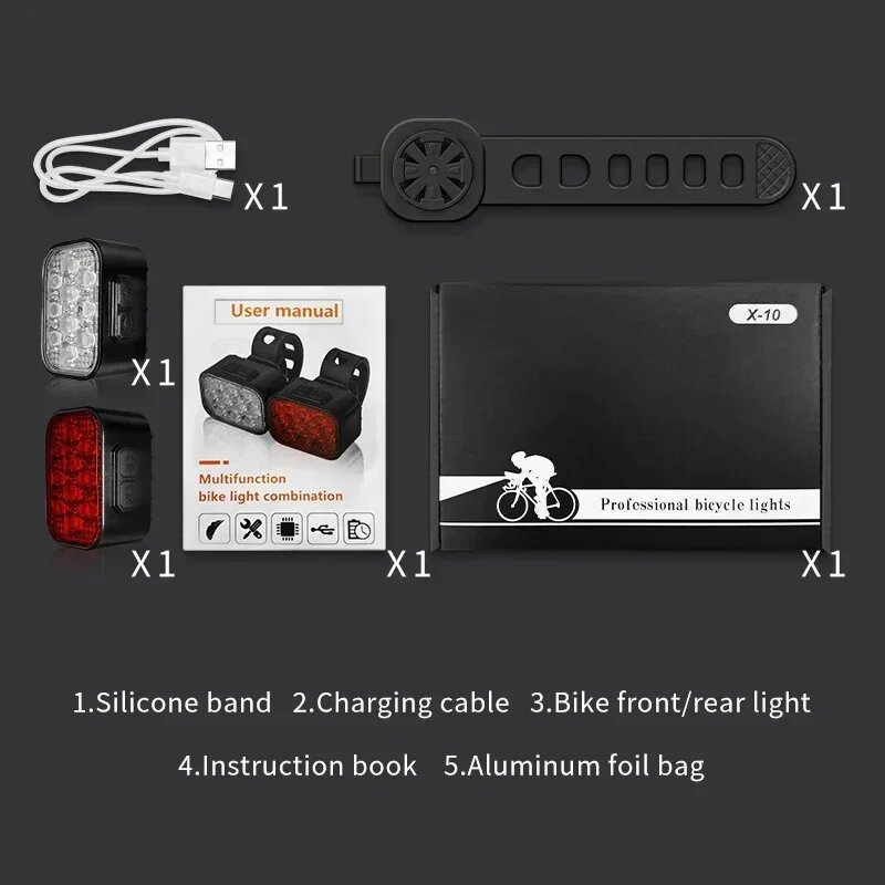 USB перезаряжаемый велофонарь CKLOS 10 светодиодов Красный, M1-Front-Rear Lights