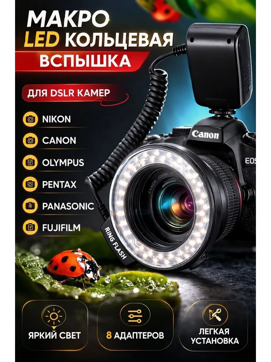 Макро светодиодная кольцевая вспышка для Nikon, Canon, Olympus, Pentax, Panasonic, Fujifilm