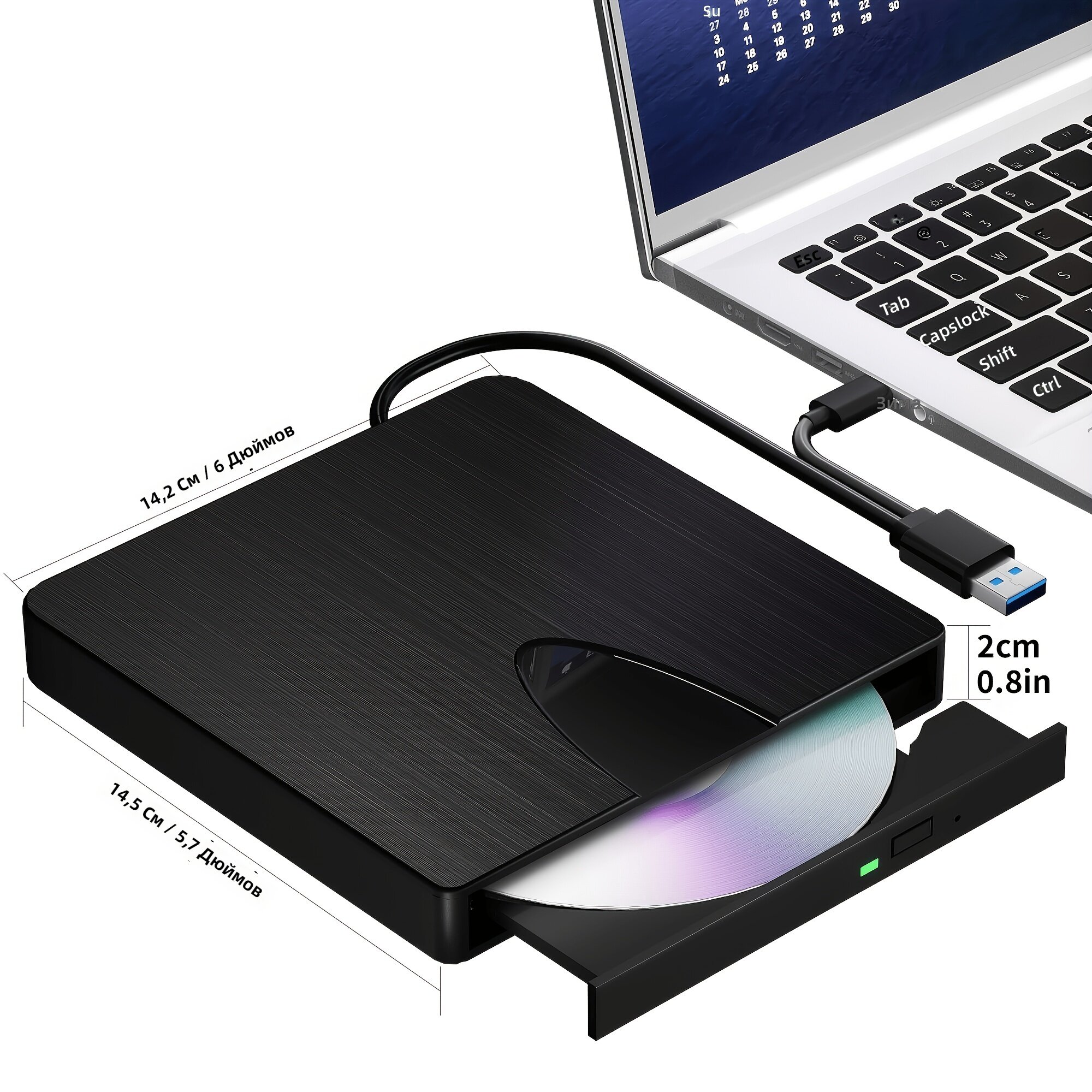 Внешний оптический привод CD/DVD USB 3.0 для ноутбука и ПК, поддержка записи +/-RW, черный