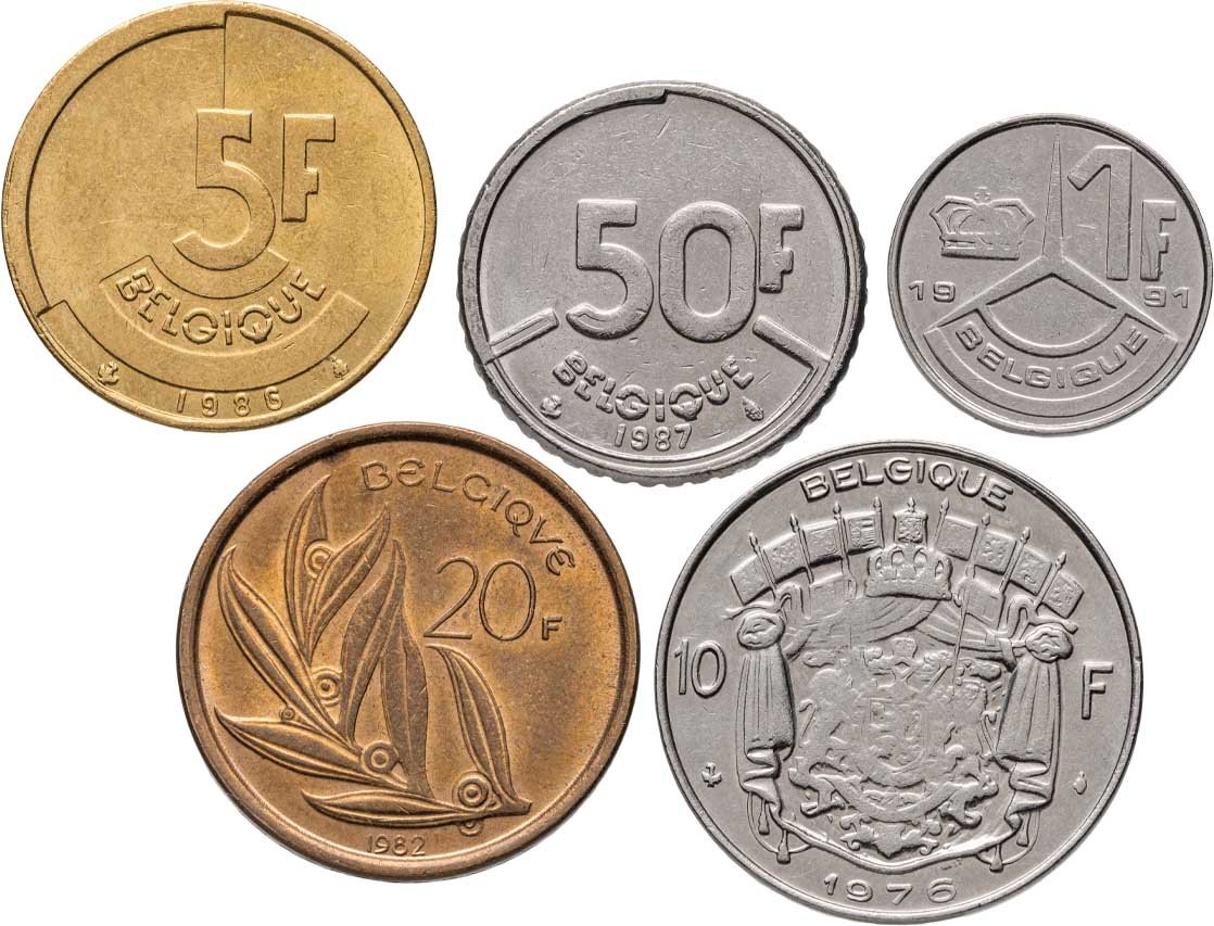 Бельгия, набор из 5 монет 1976-1991, Король Бодуэн I тип написания - французский, никель, нержавеющая сталь, никелевая латунь, медь-алюминий-никель