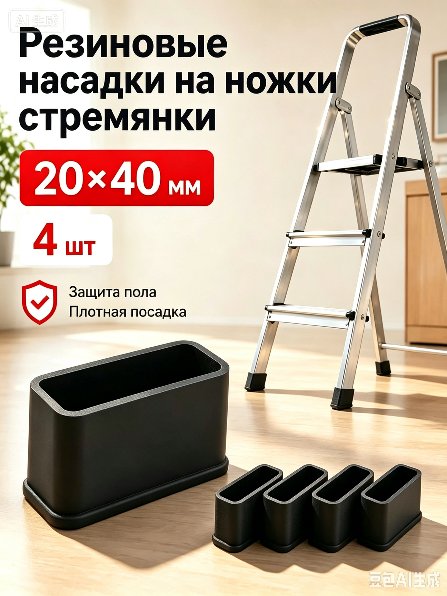 Ножки для стремянки 20 x 40 мм, резиновые защитные насадки, комплект 4 шт