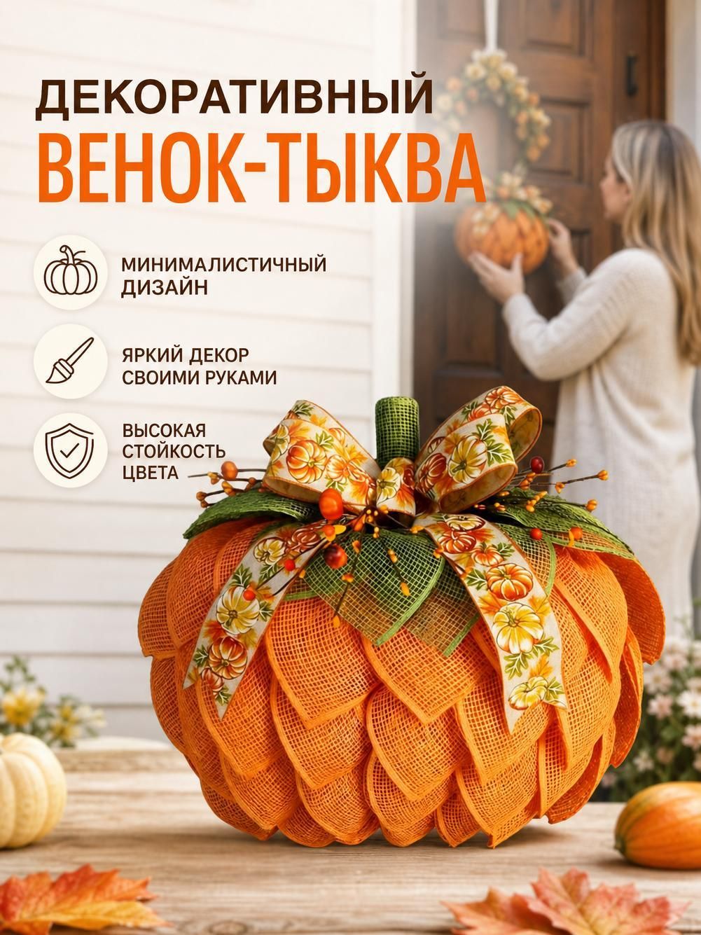 Тканевая имитация тыквенной гирлянды на Хэллоуин перед дверью