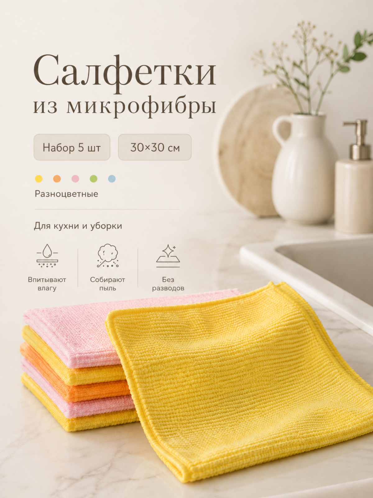 Салфетки для уборки из микрофибры Goodesta - 5 штук в упаковке, размер 30х30 см.