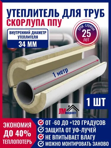 Утеплитель для труб, фольгированный, скорлупа ППУ, для трубы с внешним диаметром 34 мм.