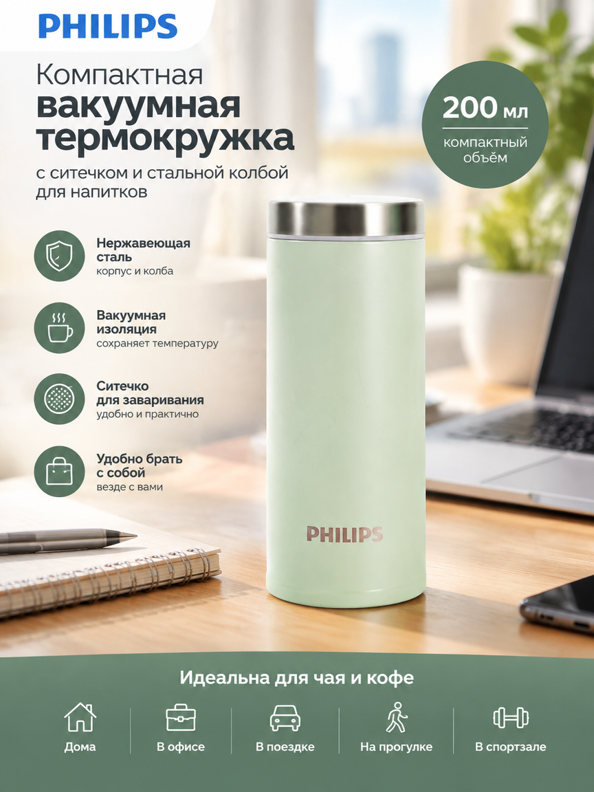 Компактная вакуумная термокружка 200 мл, светло-зелёная, с ситечком и стальной колбой для напитков
