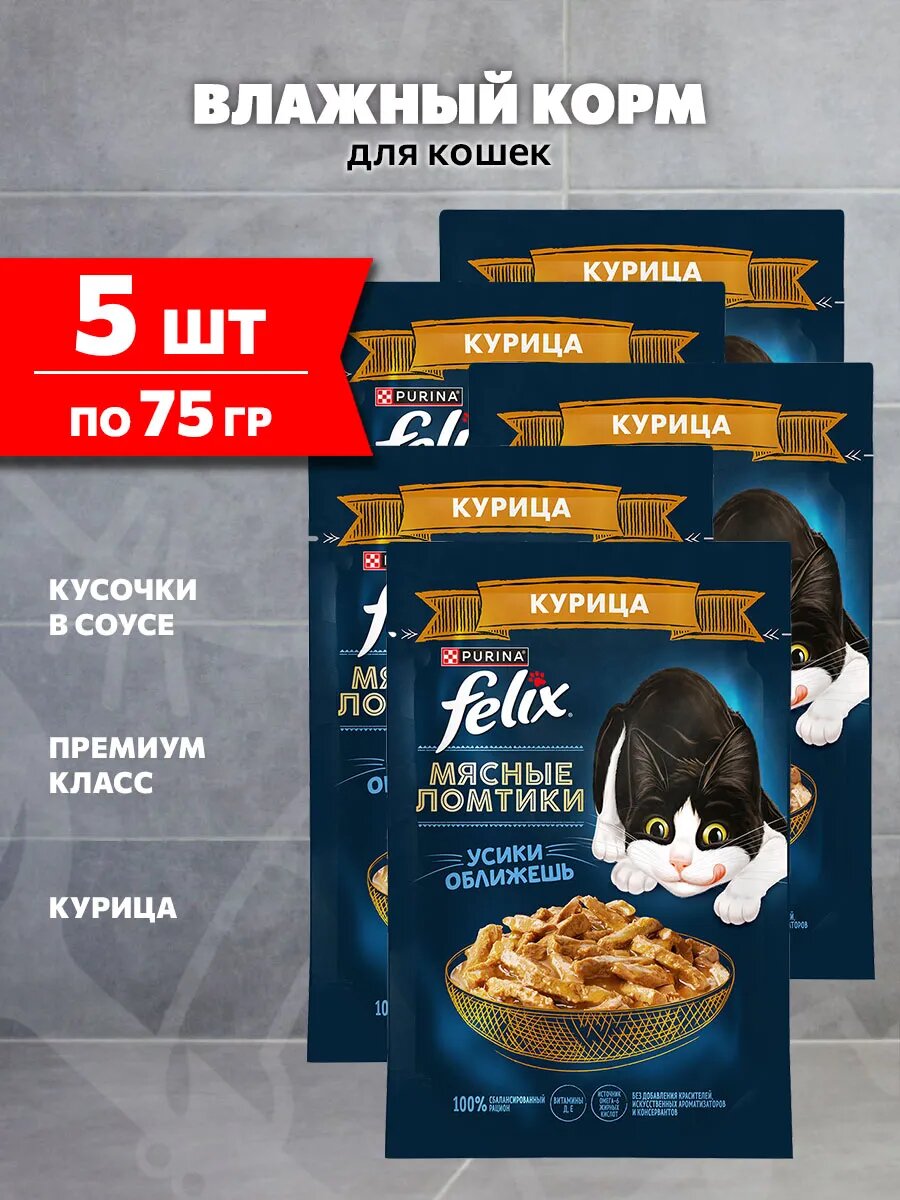 Корм влажный Felix Мясные Ломтики для взрослых кошек, курица в соусе, 75 г 5 шт
