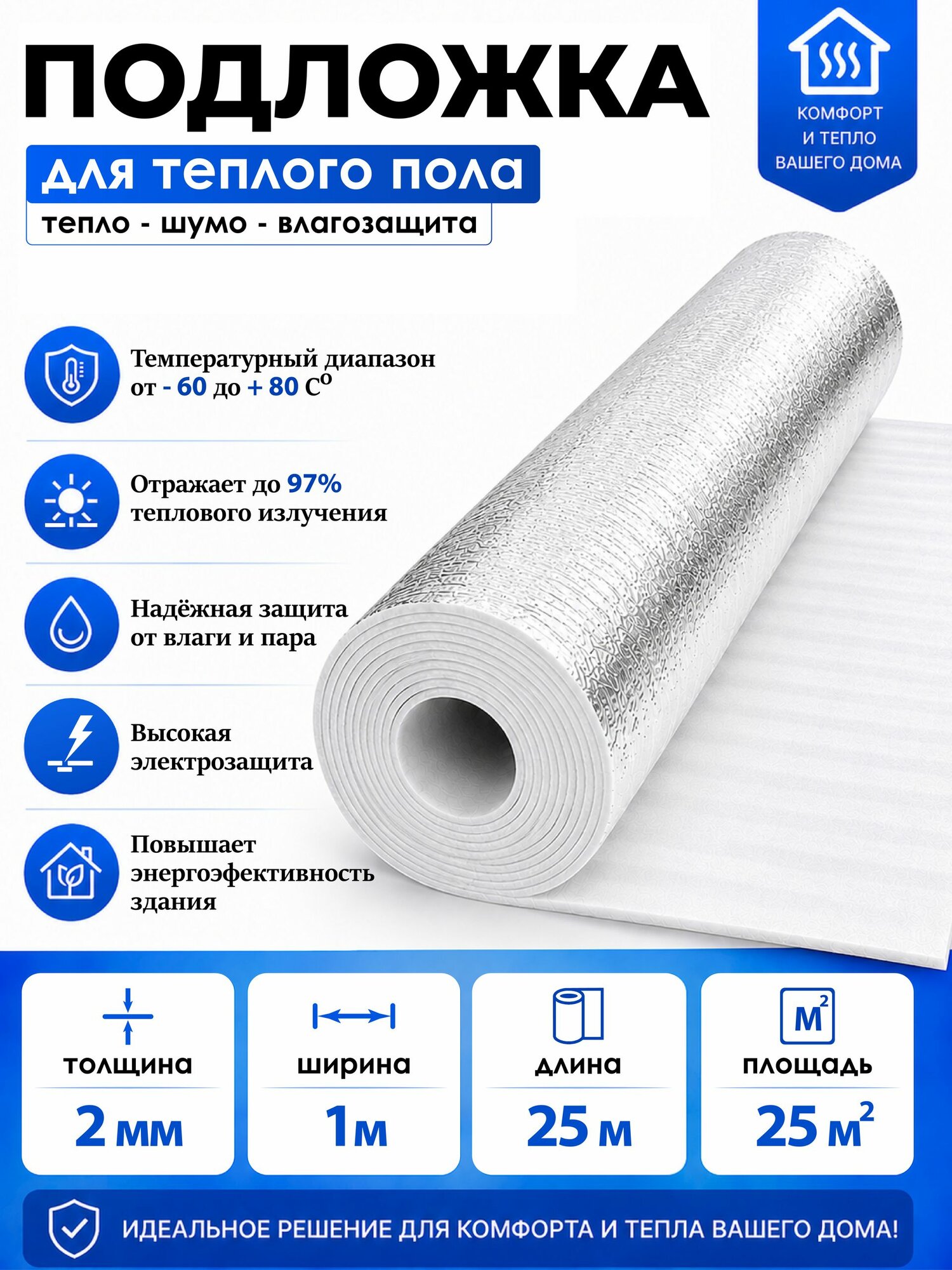 Теплоизоляция отражающая 2мм - 25м2, подложка для теплого пола, утеплитель для стен
