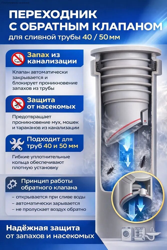 Обратный клапан 40/50 мм для раковины антизапах