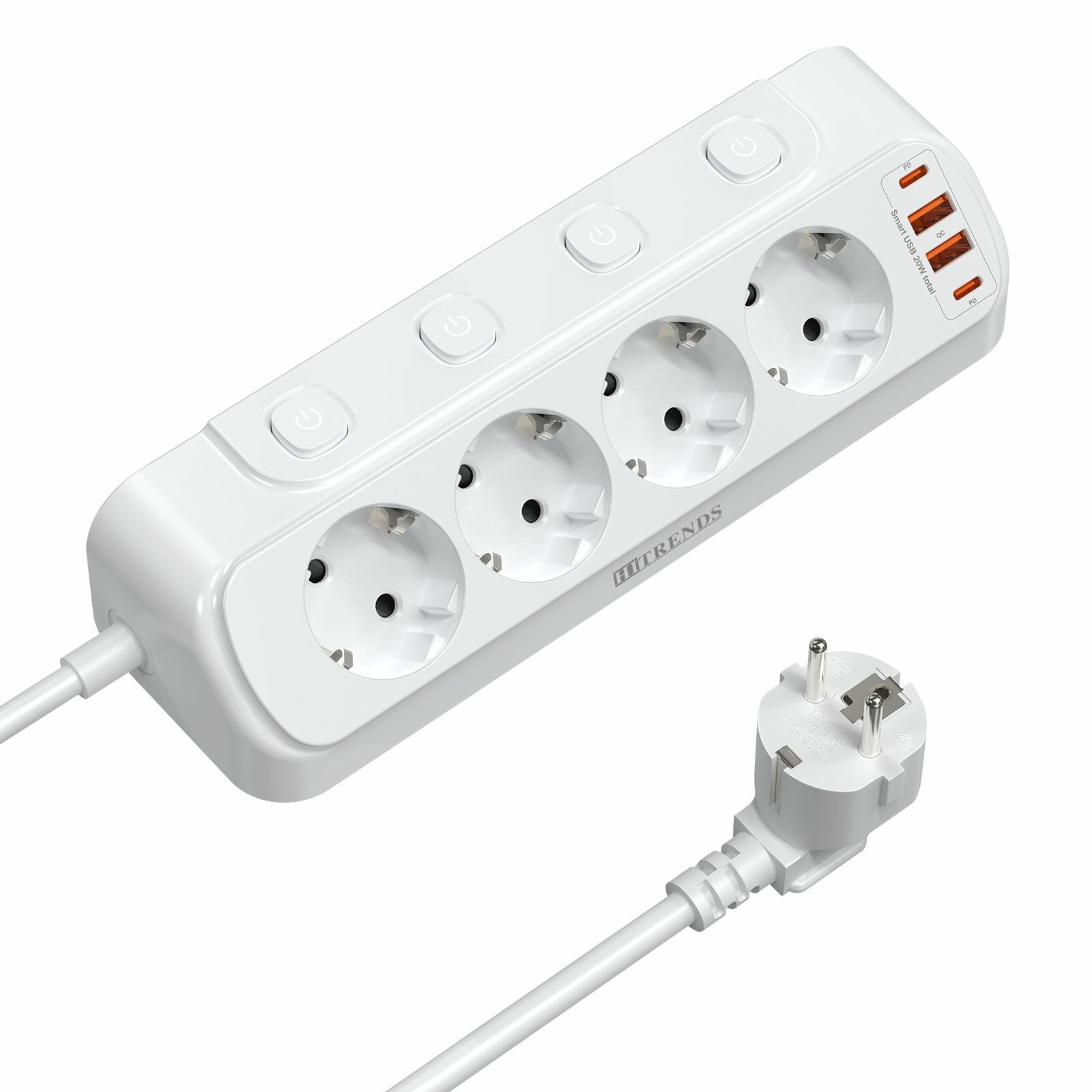 HITRENDS - Удлинитель с 4 евророзетками и креплением, 2 USB и 2 Type-C, 250V 16A, 4000W, пружинный кабель 2м, быстрая зарядка, защита от перегрузки, огнестойкий USB-порты Type-C-порты