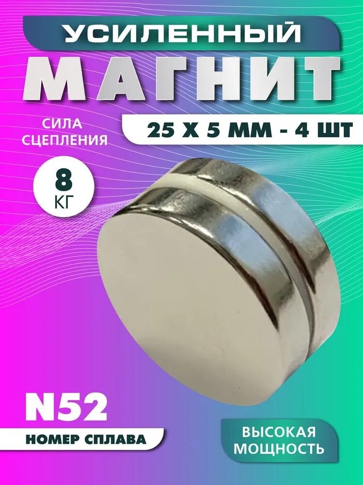 Магнитное крепление 25х5 мм, сила сцепления 8 кг, класс N52, 4 шт, усиленный, высокая мощность