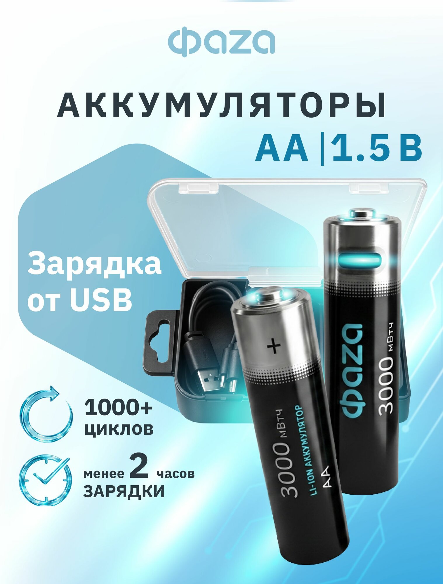 Аккумуляторы AA (АА) ФАZА 3000 mWh USB-C, литиевые 1.5В, 2000 мАч, перезаряжаемые аккумуляторные батарейки, 2 шт