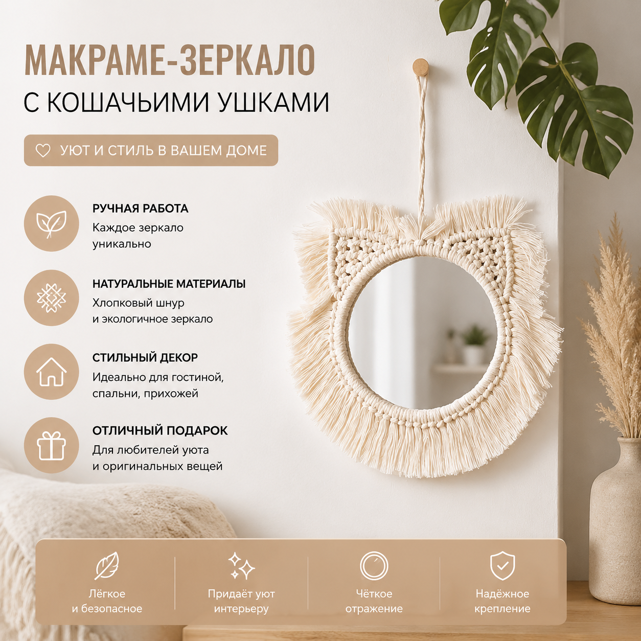Декоративное подвесное зеркало в богемном стиле, сплетенное из хлопковой веревки, зеркало с кисточками.