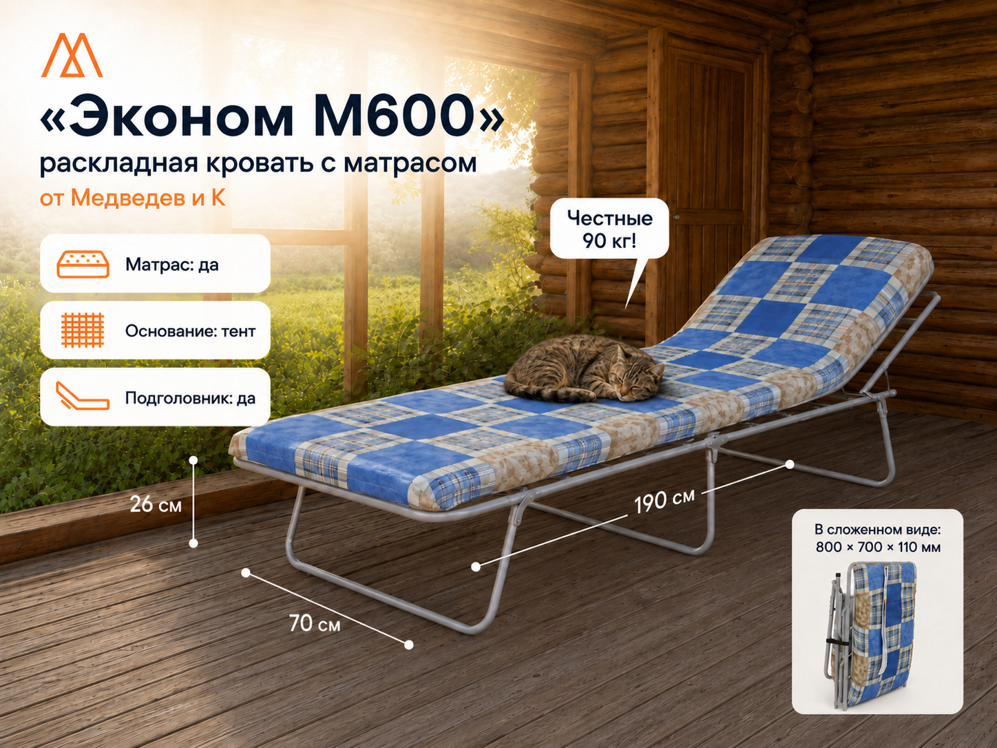 Кровать раскладная (раскладушка) "Эконом М600" с подголовником и матрасом недорого
