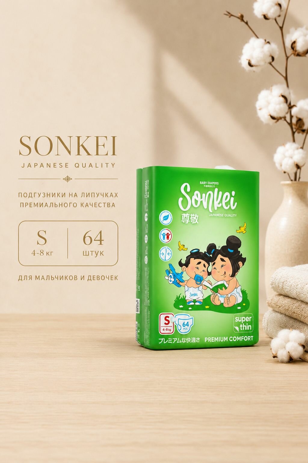 Подгузники Sonkei для новорожденных детей размер S от 4-8 кг, 64 штуки на липучках супер тонкие Сонкей
