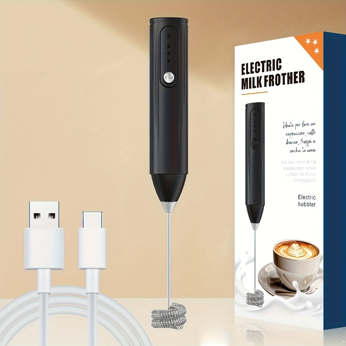USB-зарядный электрический вспениватель молока, ручной миксер для напитков для кофе, фраппе, латте, матча, горячего шоколада, черный