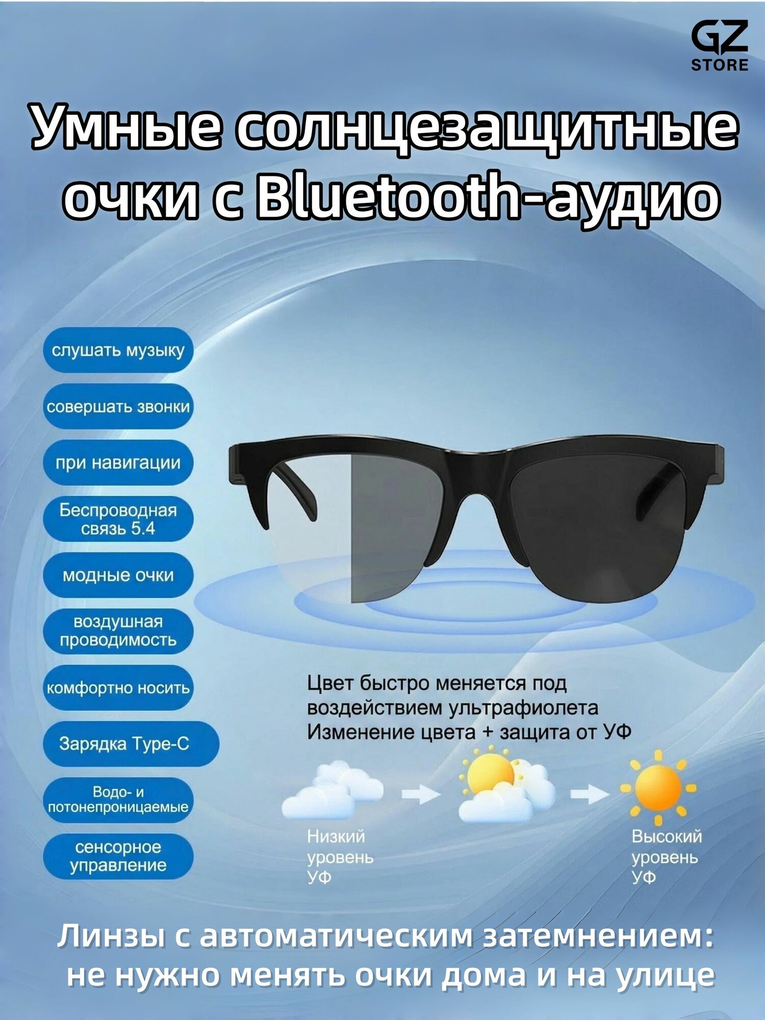 GZ STORE Наушники беспроводные с микрофоном Умные очки, Bluetooth, USB Type-C, черный, черно-серый