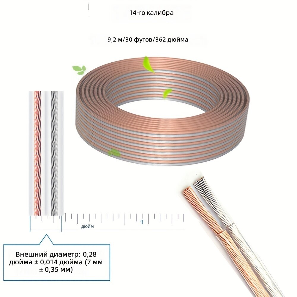 Прозрачный акустический провод CCA 14 AWG, 9.2 м (362.2 дюйма) для уличных светодиодных гирлянд и электрооборудования