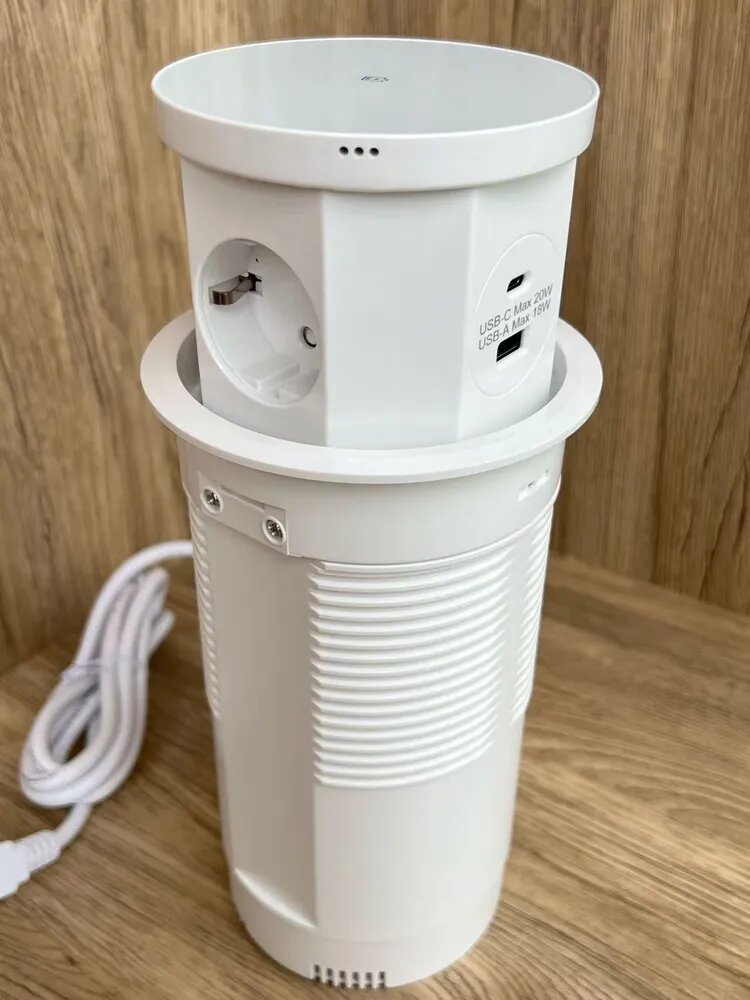 Встраиваемая выдвижная розетка в столешницу (3 евро, 1 USB, 1 Type-C, беспроводная зарядка), скрытый блок на 3 розетки для кухни, белое