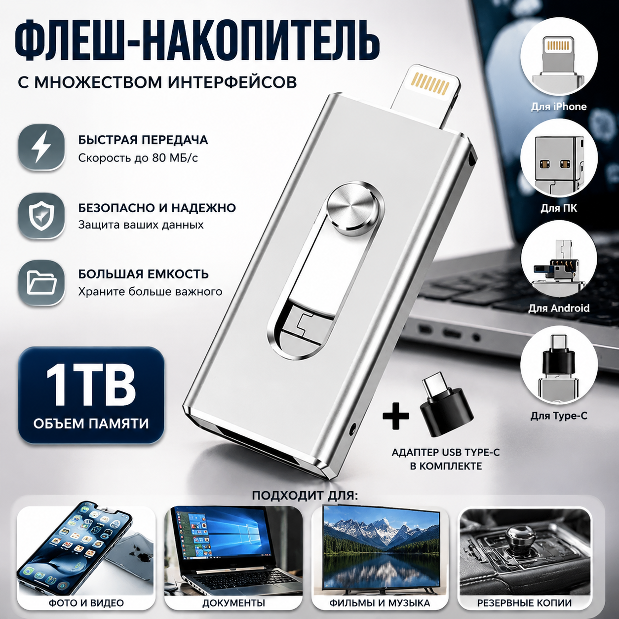 Флеш-накопитель 1 ТБ USB 3.0 с разъемами Lightning, Type-C, Micro USB и USB для iPhone Android ПК, внешний накопитель