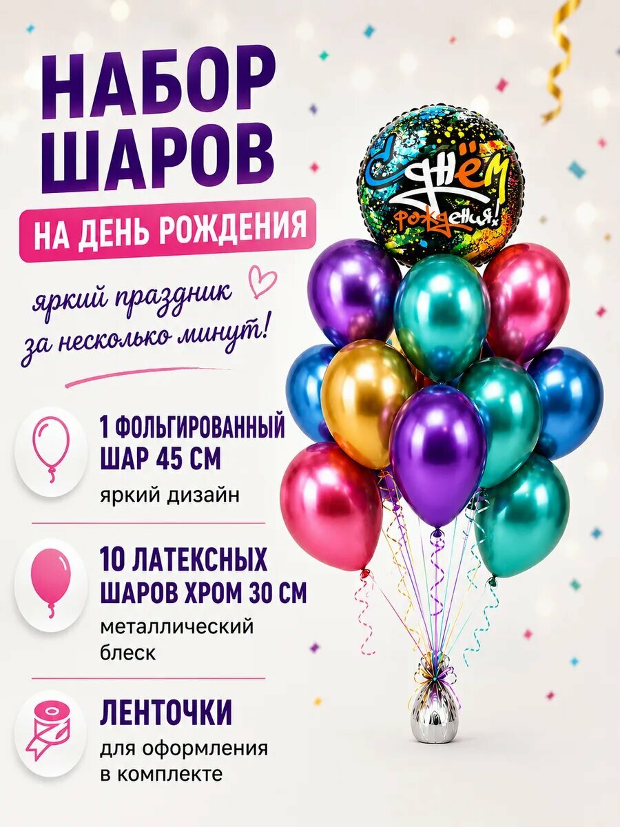 Набор шаров 11 шт на день рождения фольга и хром