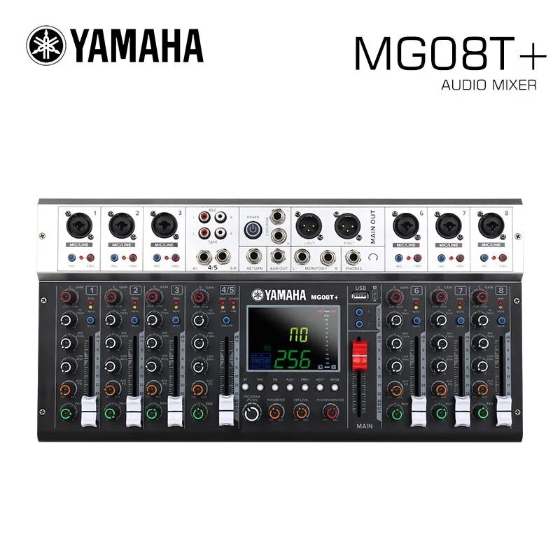 Аудиомикшер Yamaha MG08T+ профессиональный 8-канальный микшерный пульт с Bluetooth, USB, цифровыми эффектами и цветным дисплеем для концертов, студийной записи и стриминга
