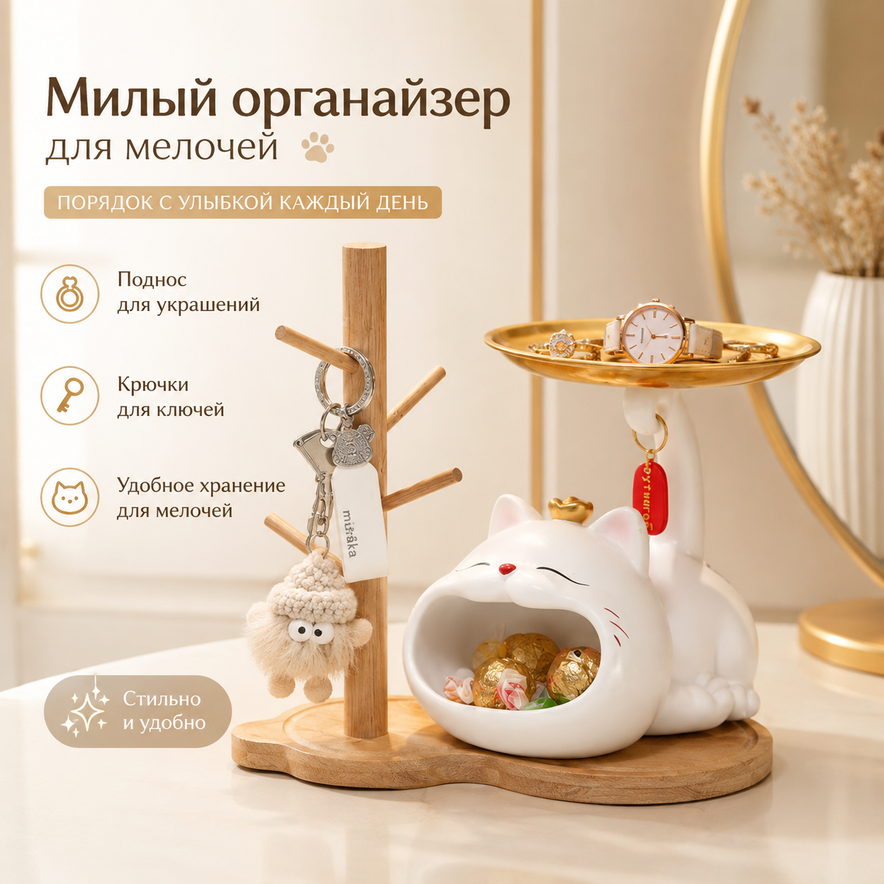 Декоративная подставка в виде белого кота с лотком, деревянная вешалка для ключей и металлический поднос