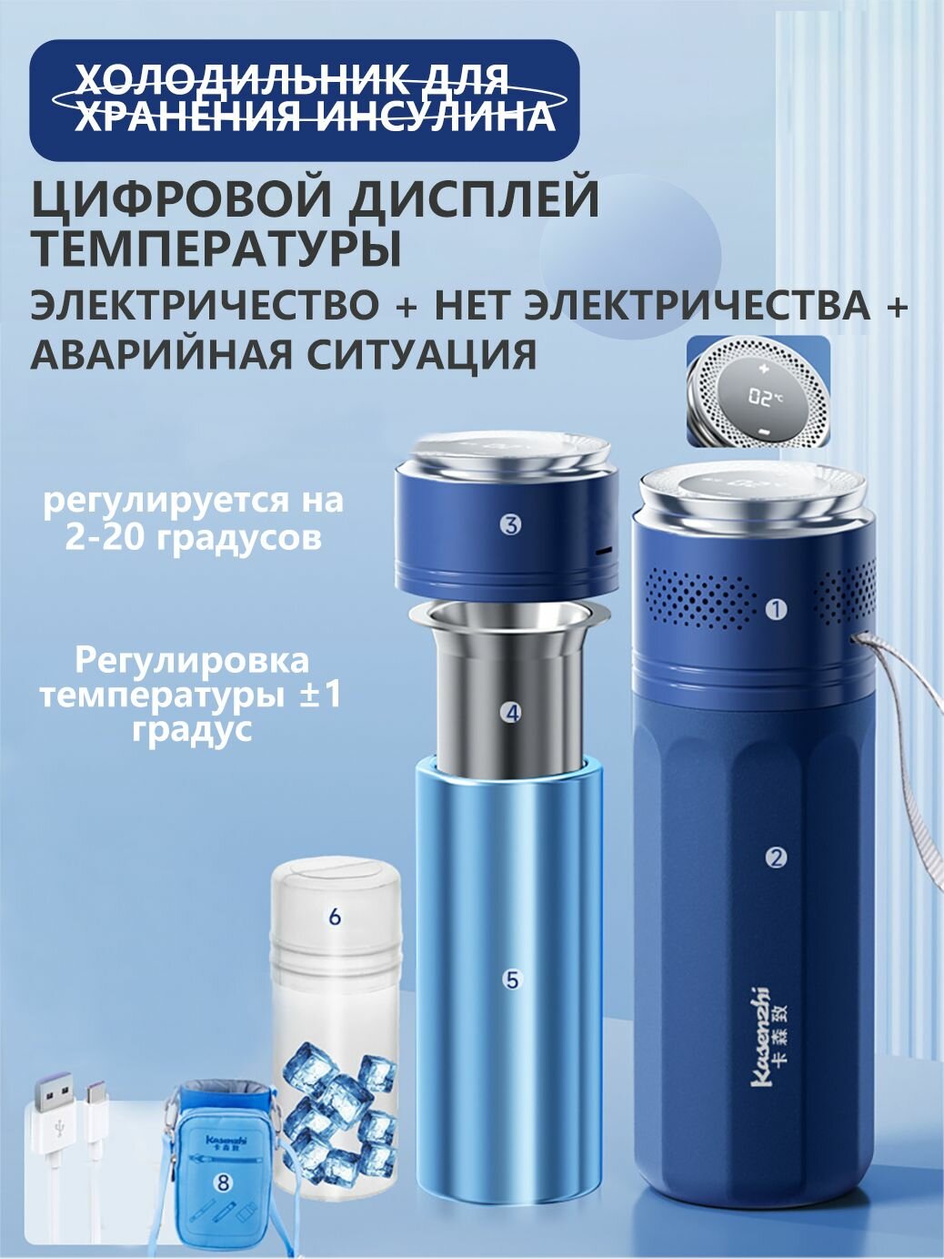 Портативный криогенный термос для инсулина, используемый для охлаждения лекарств, регулировка температуры на 2-20, отображение температуры