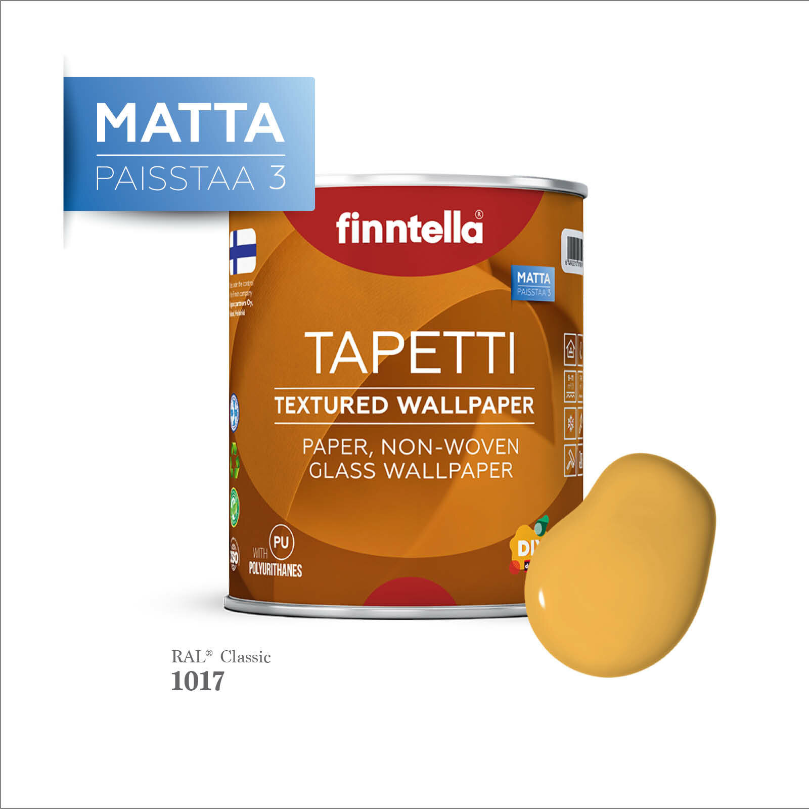 Матовая краска для обоев под окраску TAPETTI Matta FINNTELLA, Цвет RAL 1017 Шафраново-желтый (Saffron yellow), 0,9л
