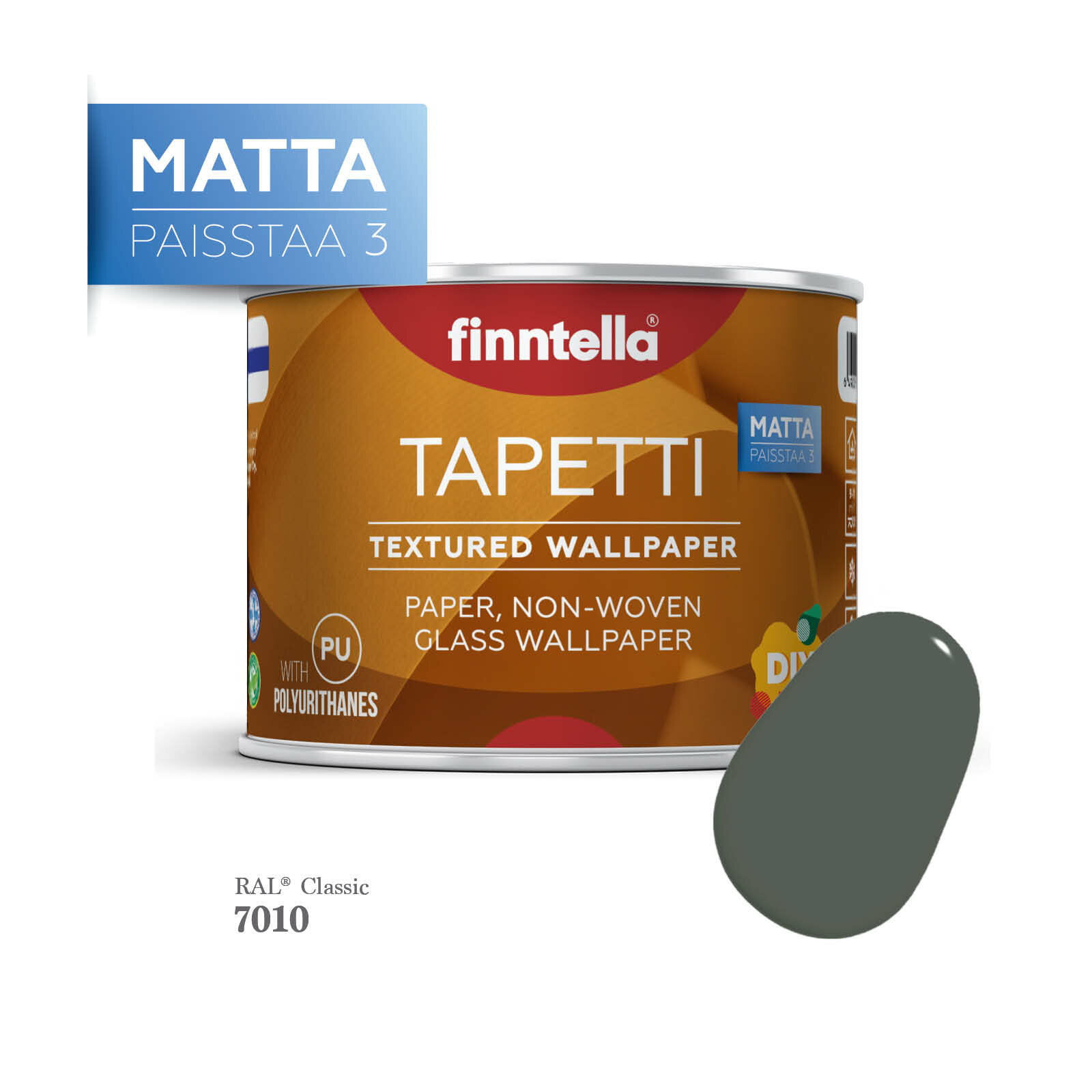 Матовая краска для обоев под окраску TAPETTI Matta FINNTELLA, Цвет RAL 7010 Брезентово-серый (Tarpaulin grey), 0,45л