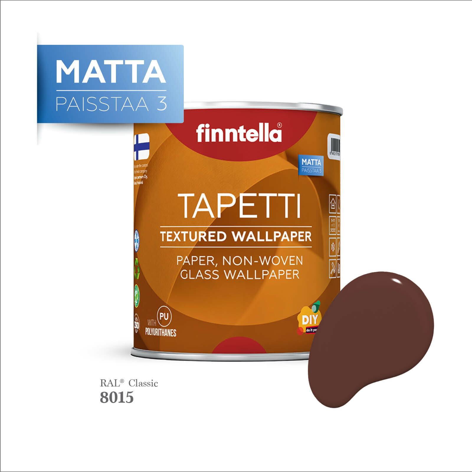 Матовая краска для обоев под окраску TAPETTI Matta FINNTELLA, Цвет RAL 8015 Каштаново-коричневый (Chestnut brown), 0,9л