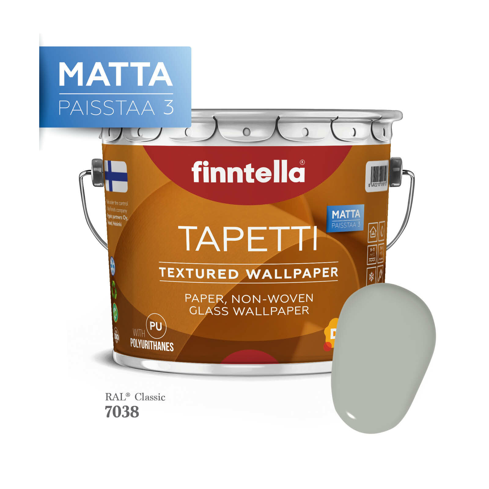 Матовая краска для обоев под окраску TAPETTI Matta FINNTELLA, Цвет RAL 7038 Агатовый серый (Agate grey), 2,7л