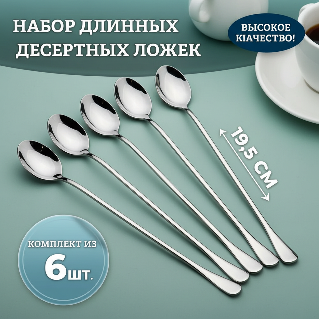 Набор кофейных ложек с длинной ручкой из нержавеющей стали АllianceMarket 6шт. 19 см.