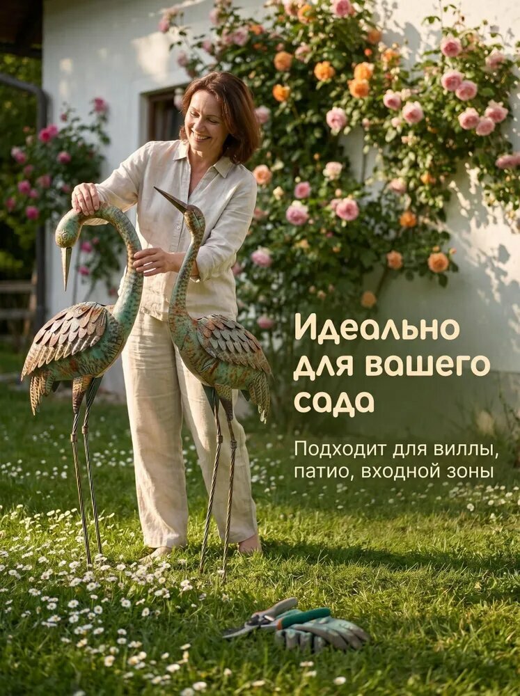 Садовая скульптура из кованого железа в виде журавля с красной головой — фото 1