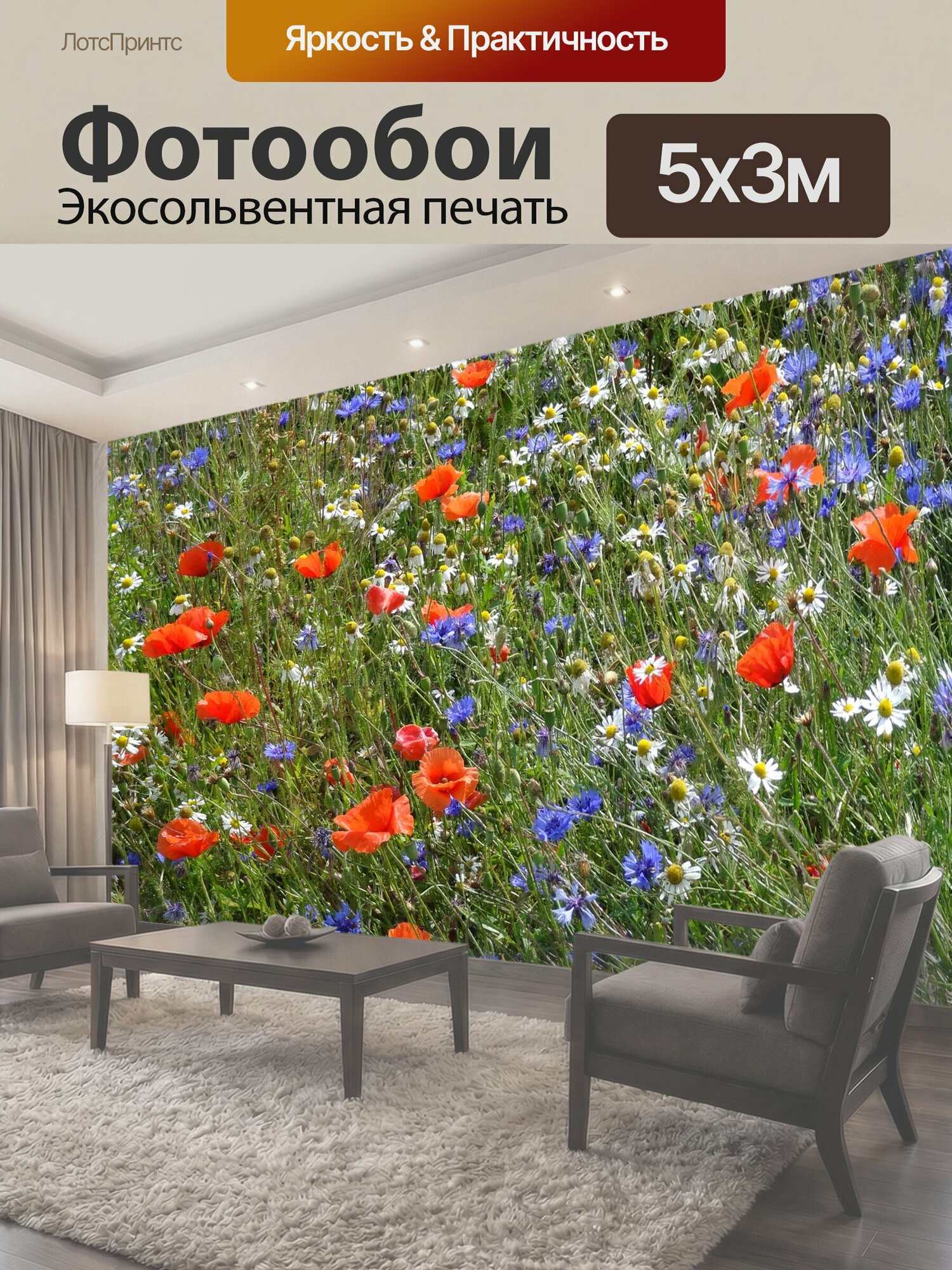 Фотообои "Цветущий луг, кукурузный мак, васильки" 500x300 см. экосольвентная печать