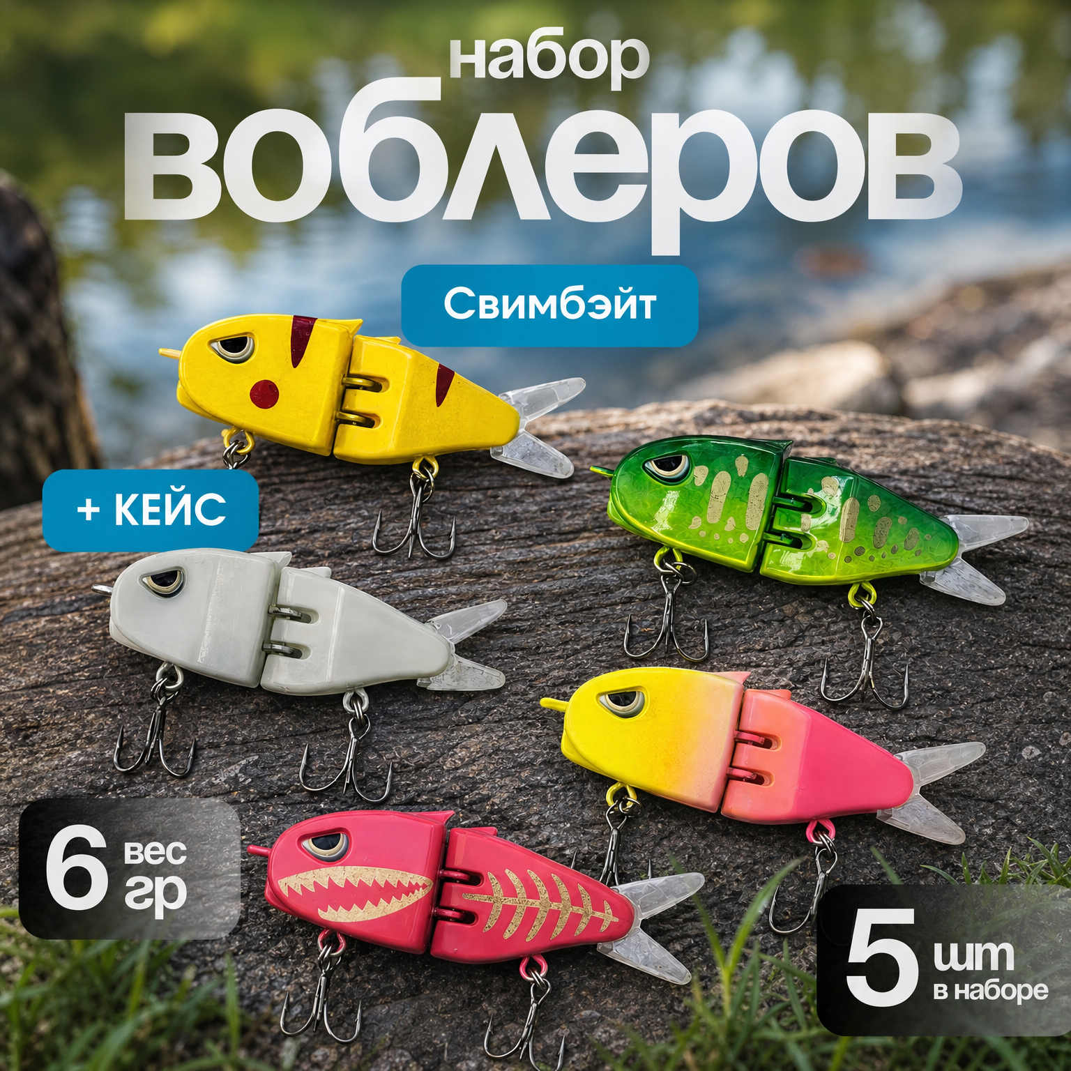Набор для рыбалки / Свимбейт / Воблеры на щуку 5 шт / Снасти для рыбалки с кейсом (Цвет товара: разноцветный; Длина: 60 мм)