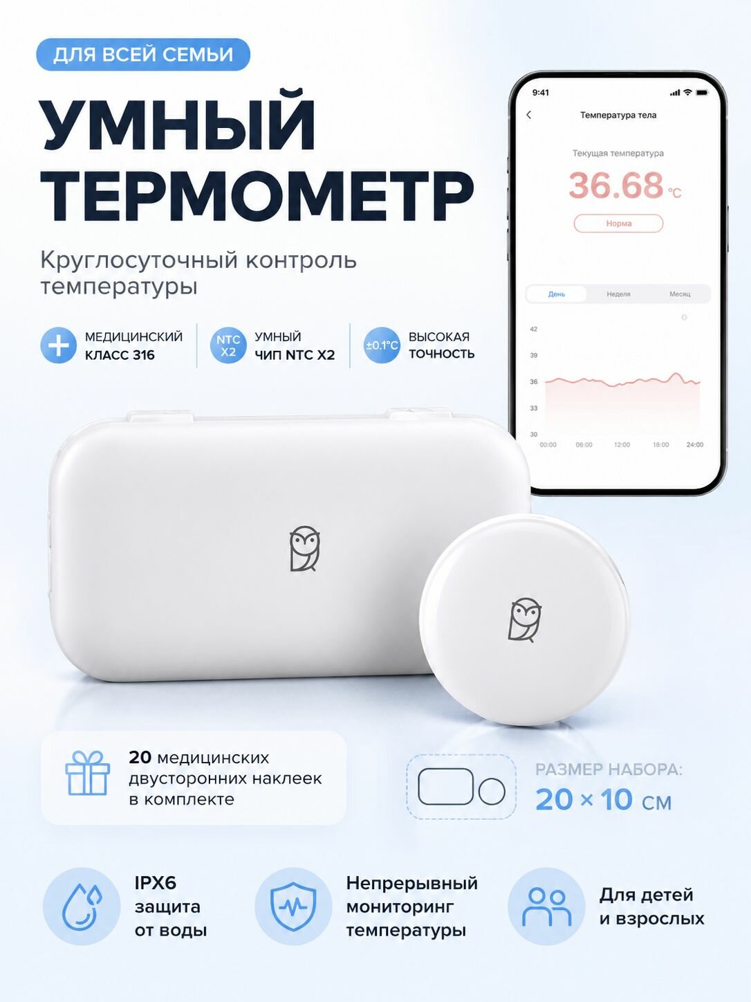 Умный термометр (*20 кусочков медицинского двустороннего клея для тела (нетканая версия + силиконовая версия, всего 20 листов)) медицинский клей для термометра запасные наклейки
