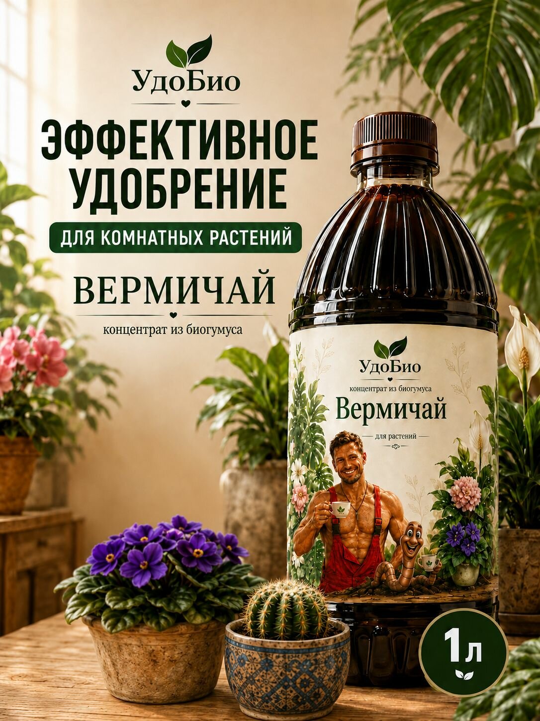 Удобрение для комнатных растений, эффективное, вермичай, биогумус - 1л