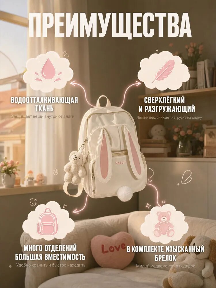 Милый школьный рюкзак Rabbit, белый, для девочек, с широкими лямками и отделением для ноутбука 17" — фото 1