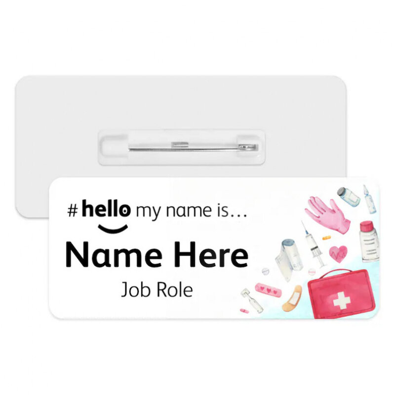 Именной персонализированный акриловый бейдж с надписью "Hello, My Name Is" в стиле акварельный медицинский уголок, с булавкой, размер 7x3 см
