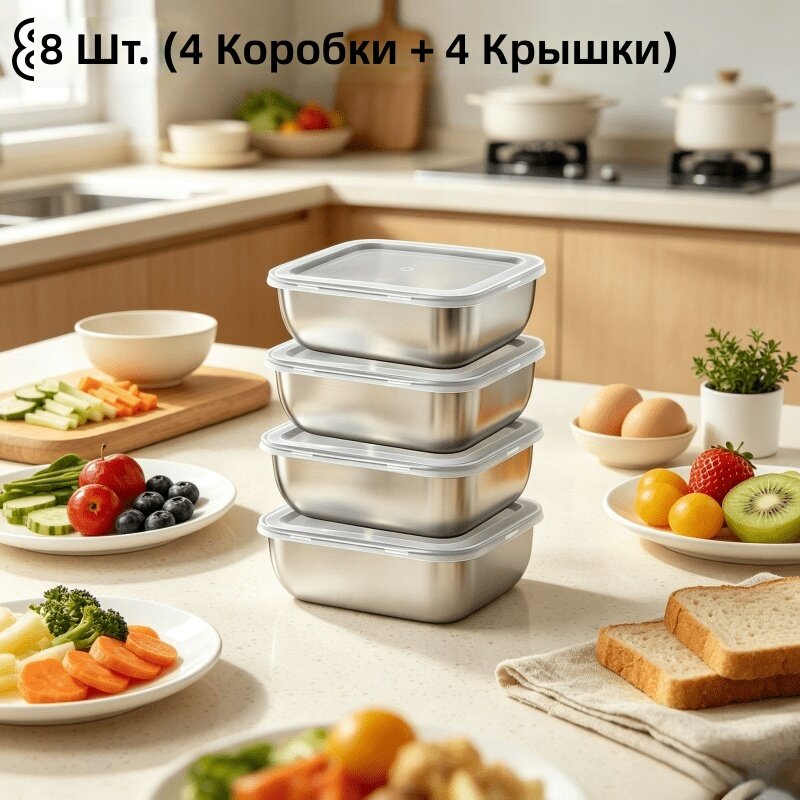 Набор из 8 портативных контейнеров для хранения продуктов из нержавеющей стали с крышками (4 контейнера + 4 крышки), штабелируемые и герметичные, для холодильника и улицы, подходят для морозилки и микроволновки
