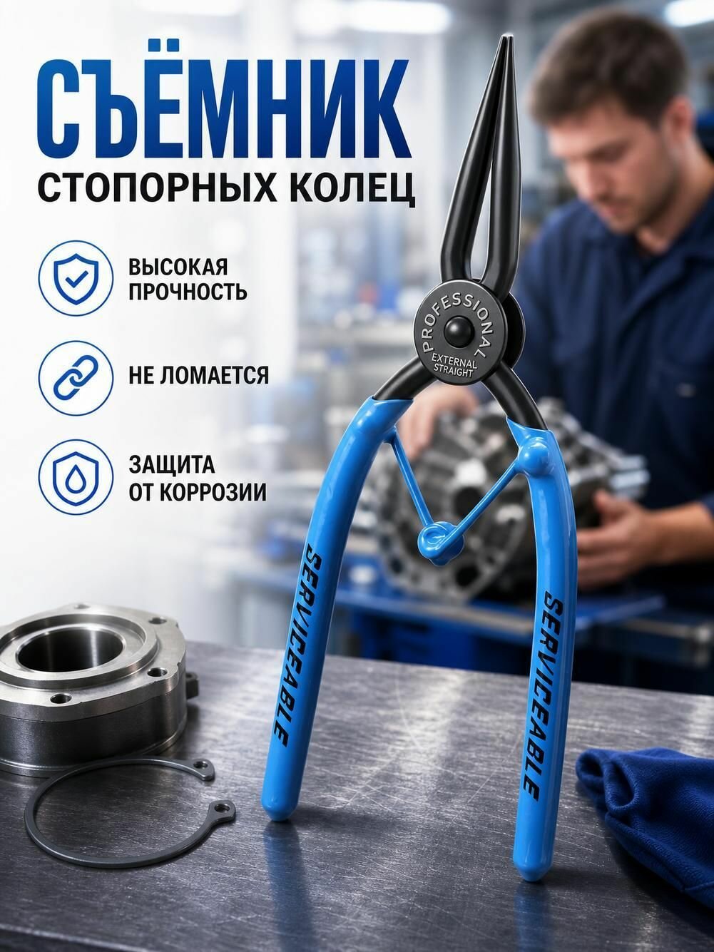 Съемник стопорных колец 7 дюймов, прямой, внешний, углеродистая сталь