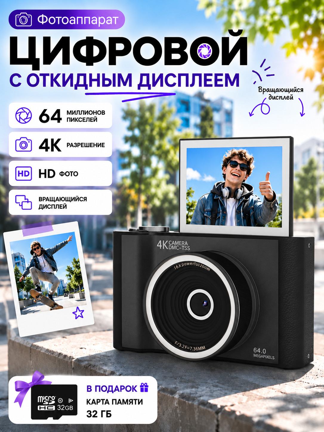 Фотоаппарат мыльница цифровой портативный, 64МП, 4K HD, с откидным дисплеем, черный