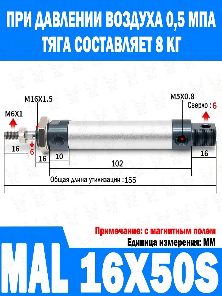 Мини-цилиндр из нержавеющей стали, серия MAL, 16X50SCA, ход 50 мм магнитный