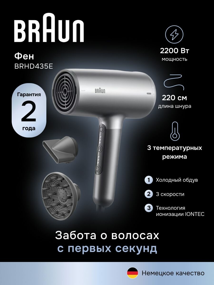 Фен для волос Braun BRHD435E, 2200 Вт, 3 скорости, 3 температурных режима, холодный воздух, индикация очистки, серый
