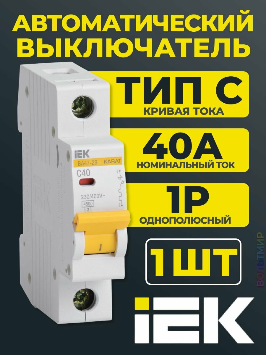 Автоматический выключатель ВА47-29 1Р 40А 4,5кА С IEK, 1 шт.