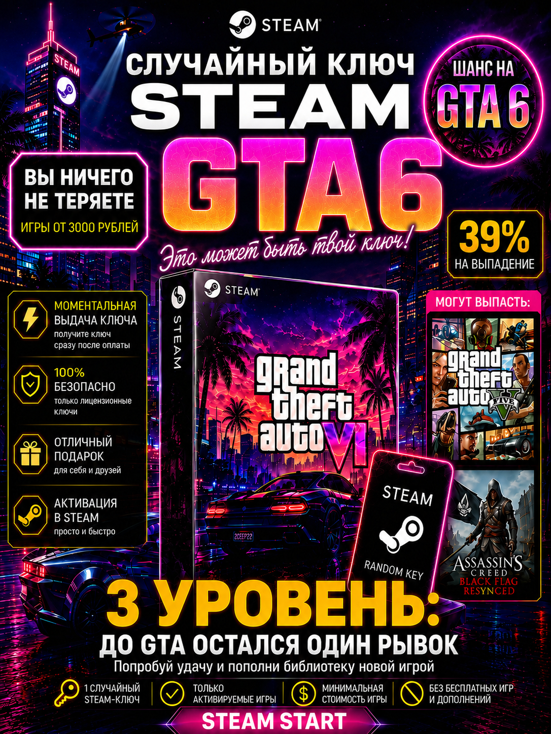 GTA 6 | Случайный ключ Steam | Random Key Steam| кейс 3 уровня до GTA остался один рывок