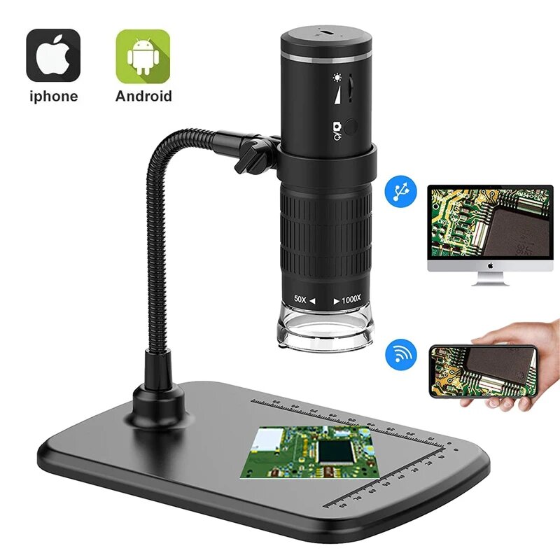 Беспроводной цифровой микроскоп, Wi-Fi, 1080P, эндоскопическая камера, 1000x, карманный микроскоп с подъемной подставкой и 8 светодиодной лупой