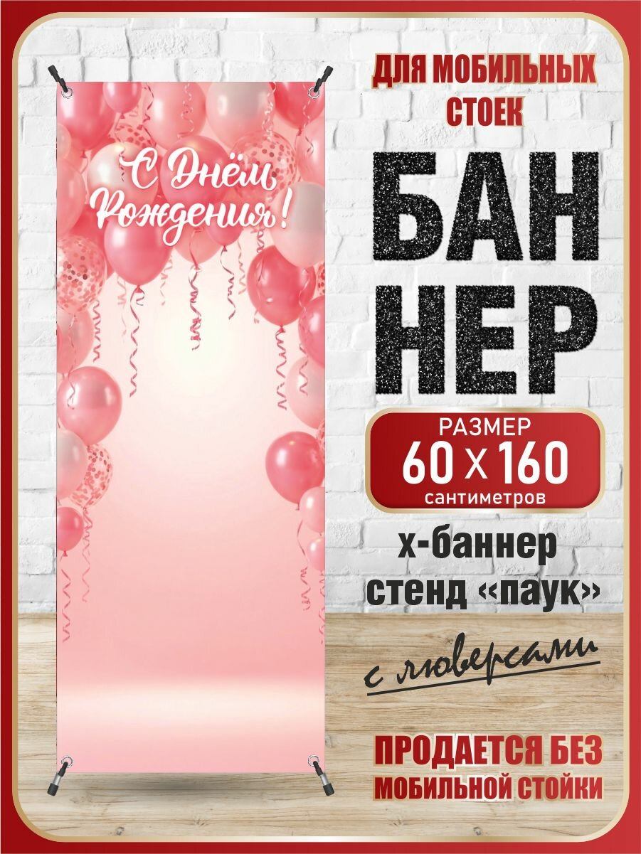 Фотозона баннер на стойку паук 60х160 см С Днем Рождения Розовые шары