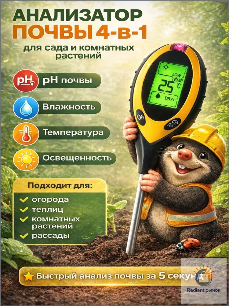 Измеритель кислотности почвы, влажности, освещенности, термометр для почвы садовый