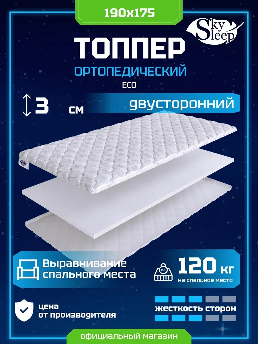 Топпер 175×190 см SkySleep Eco, матрас на диван, двуспальный, холлофайбер, беспружинный, арт. MIR-120170
